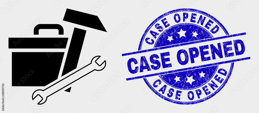 Vector toolbox pictogram and Case Opened seal stamp. Red rounded ...