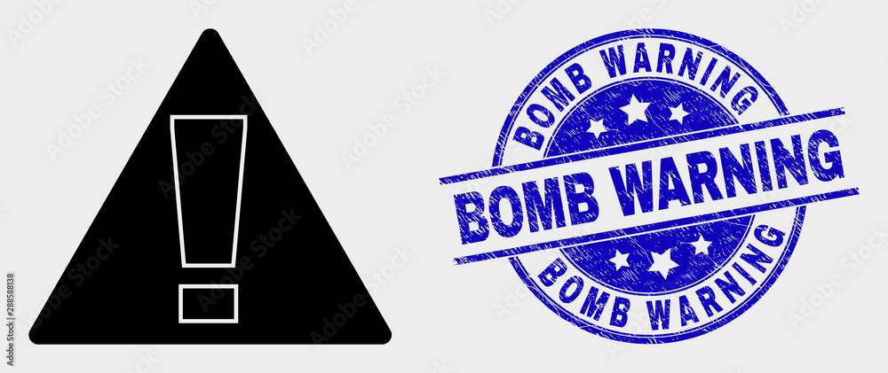 Vector warning pictogram and Bomb Warning stamp. Red round grunge seal ...