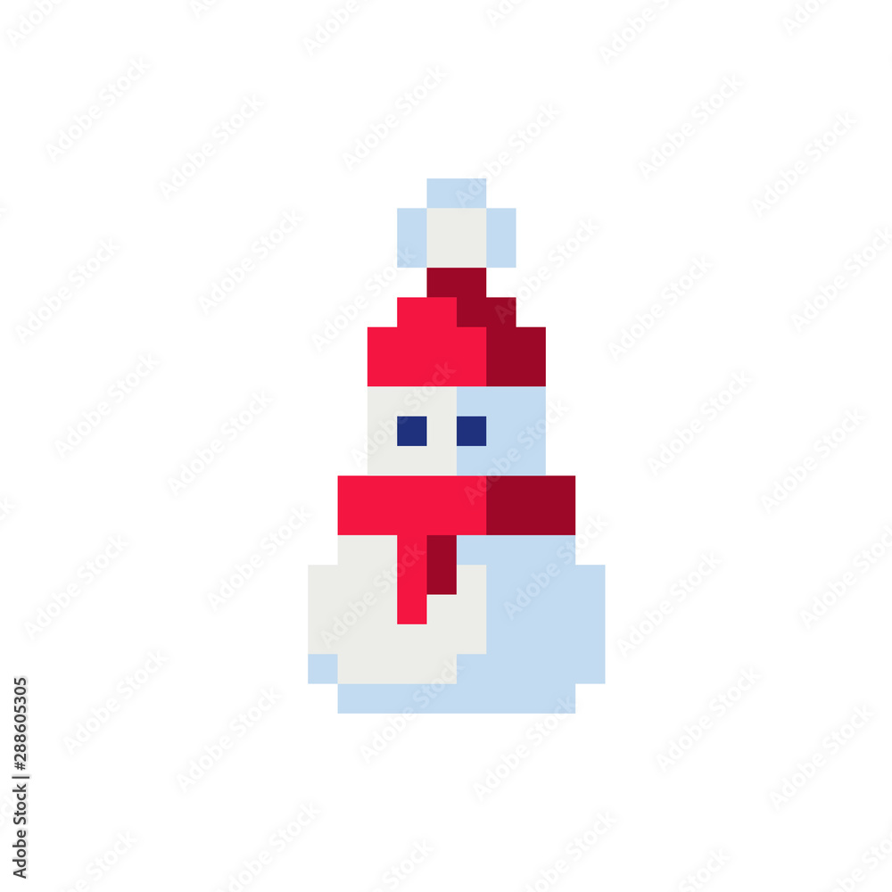 Snowman character. Сap on head and red scarf around neck. Pixel art ...