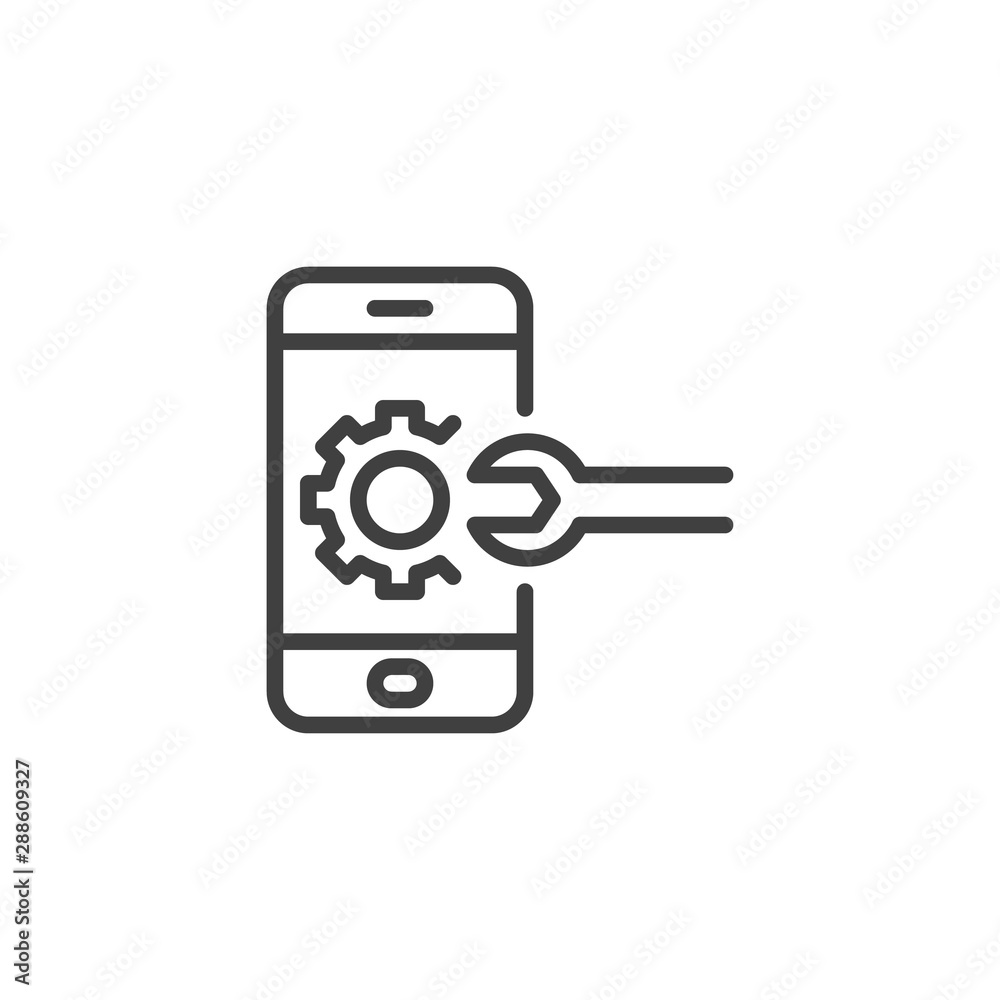 Mobile service line icon. Smartphone with gear and wrench linear style ...