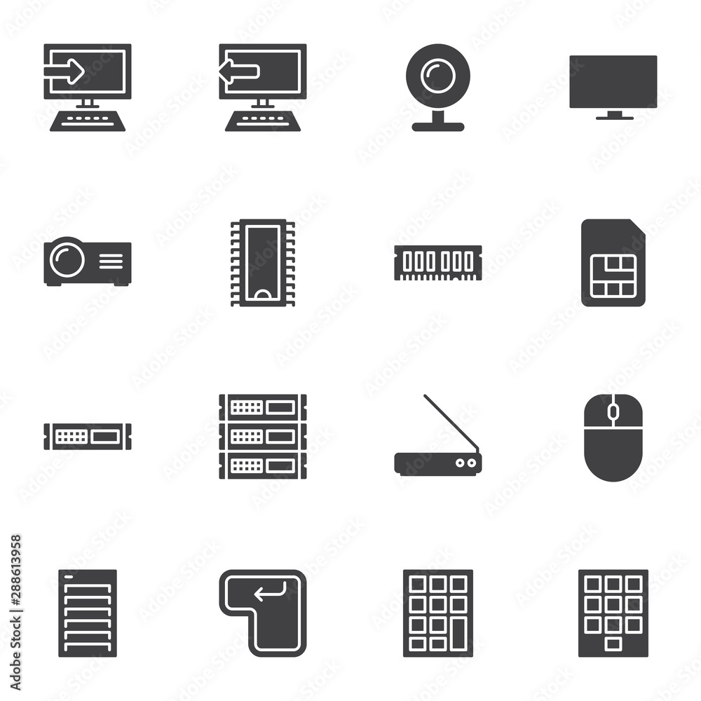 Computer parts vector icons set, modern solid symbol collection, filled ...