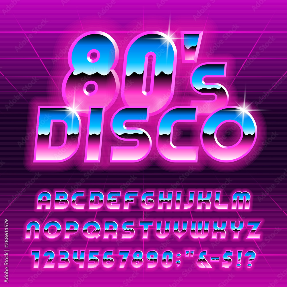 80s Disco alphabet font. Glow letters and numbers. Stock vector ...