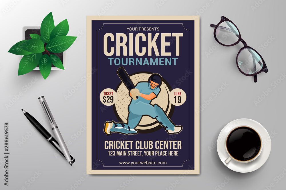 cricket tournament flyer template, retro flat design vector Stock ...