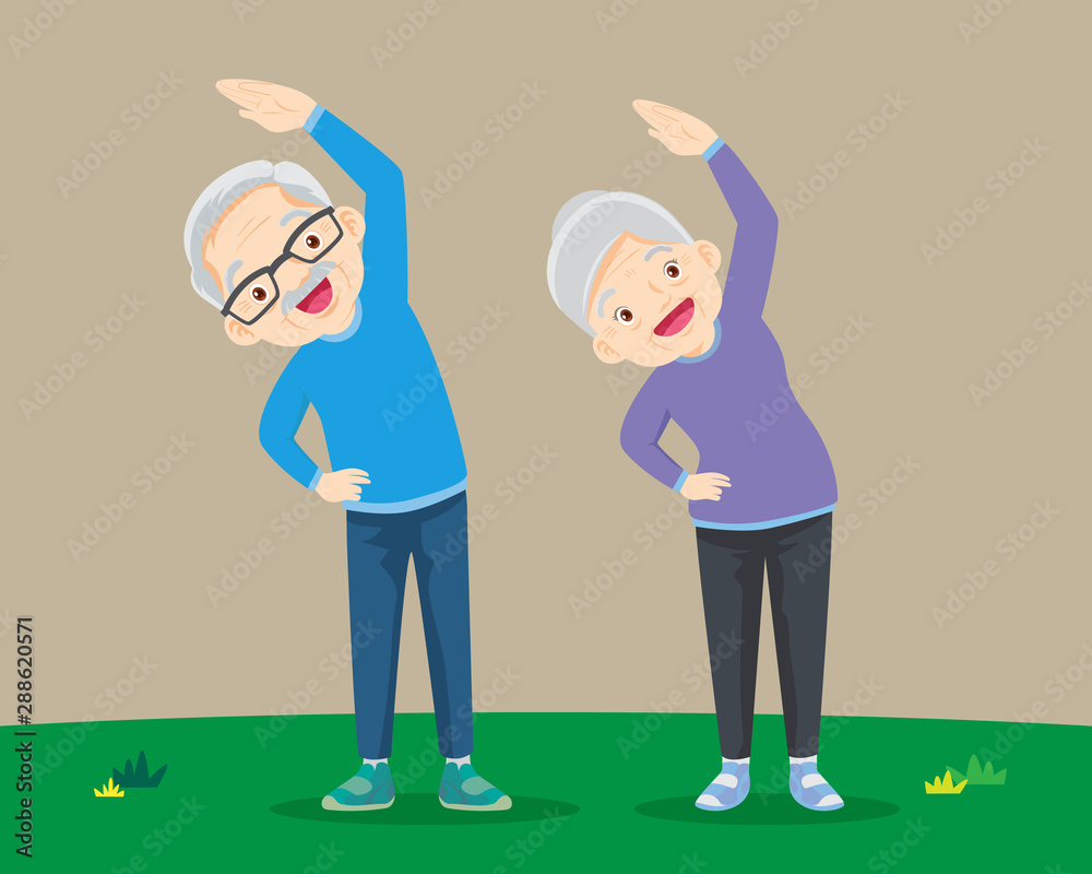 Senior people and gymnastics. Elderly couple. Grandparents doing ...