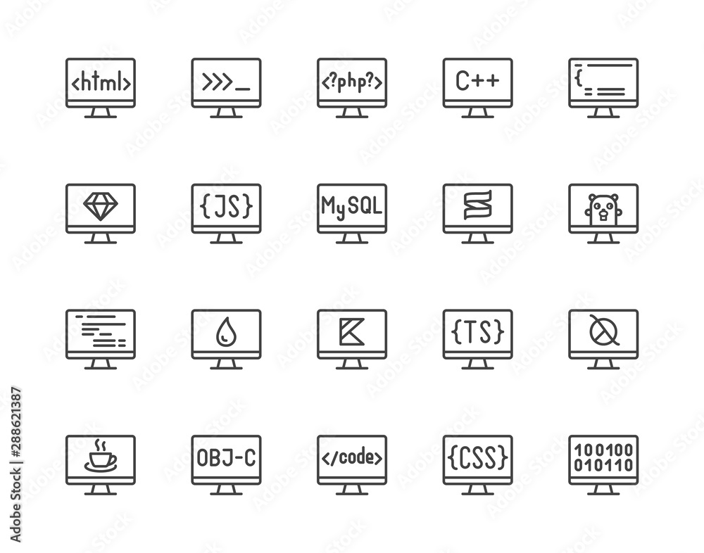 Programming Languages Flat Line Icons Set Html Code Php Java Language Python On Computer