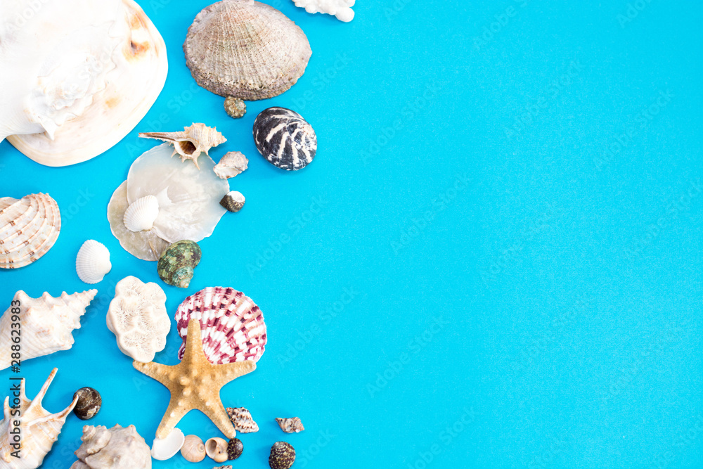 Blue sea background with copy space and seashell border, summer holiday ...