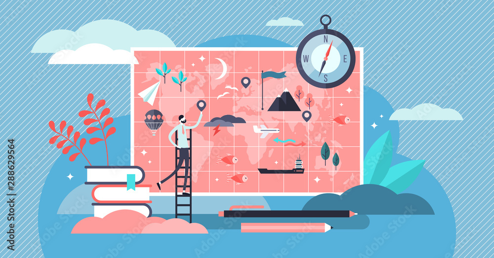 Geography vector illustration. Flat tiny atlas earth study persons ...