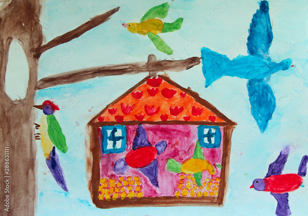 Bird's bird feeder on tree. Children's drawing birds eat food from ...