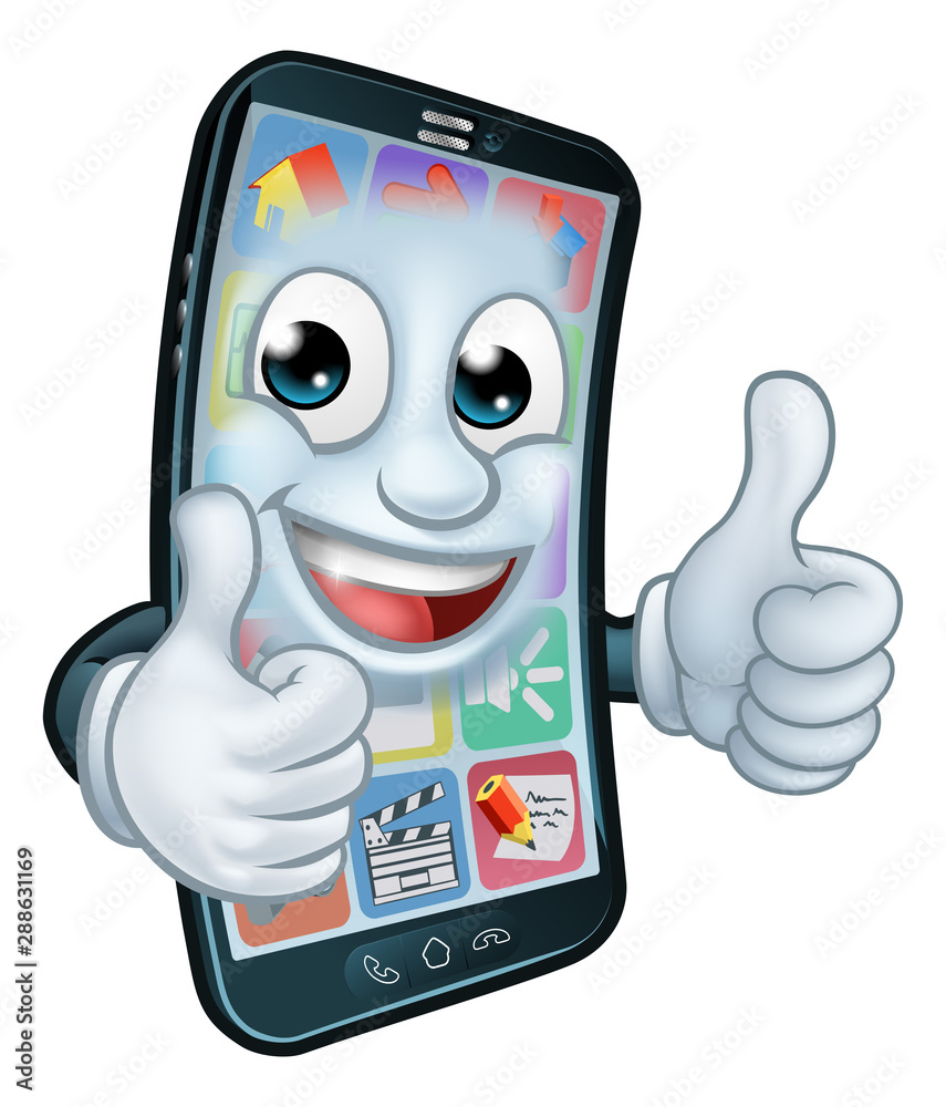 A mobile phone cartoon character mascot giving a double thumbs up ...