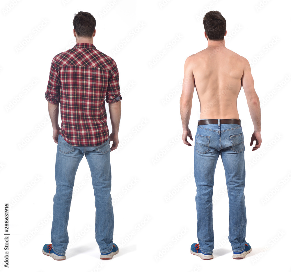 back of a man with a shirt and shirtless on white background Stock ...