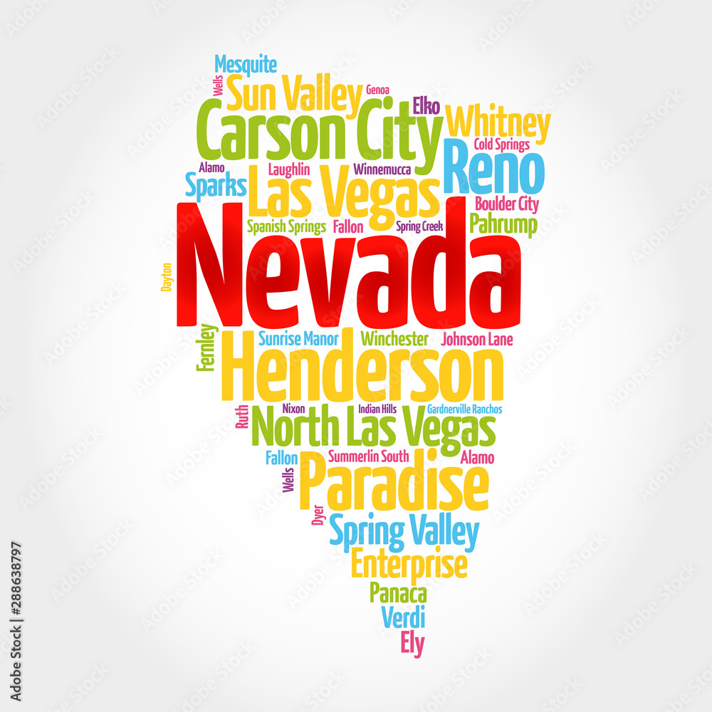 List of cities in Nevada USA state, map silhouette word cloud map ...