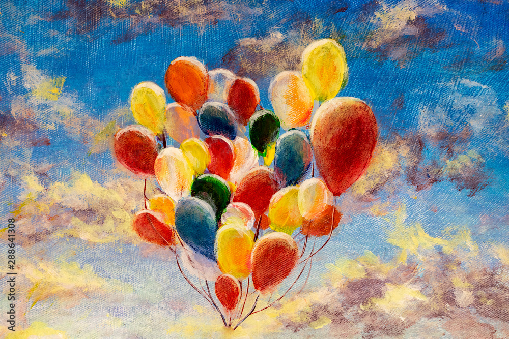 Hand painted Colorful balloons against blue sky and clouds modern oil ...