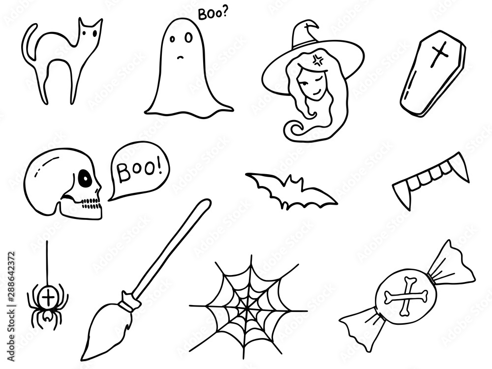 Set of Halloween spooky elements. Hand drawn outline vector doodles ...