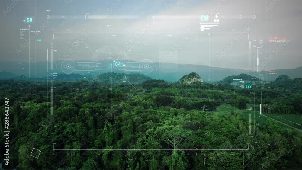 Aerial view scenic landscape of the forest and drone user interface ...