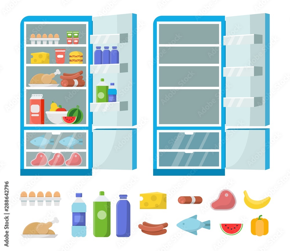 Flat fridge vector. Full and empty refrigerator in the kitchen. Freezer ...