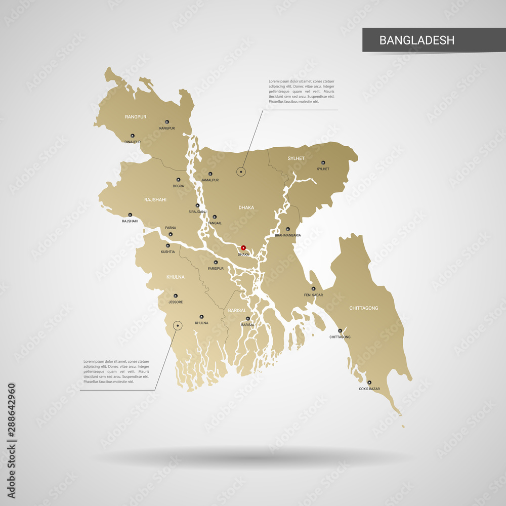 Stylized vector Bangladesh map. Infographic 3d gold map illustration ...
