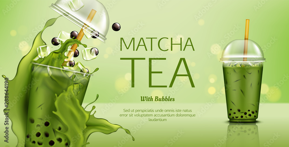 Matcha green tea with bubbles and ice cubes mock up banner. Cold drink ...