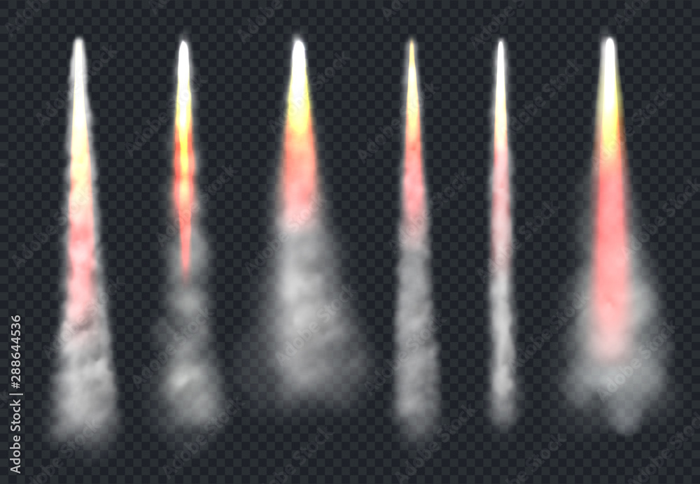 Launch rocket smoke. Aircraft flying effect fog and fire speed flowing ...