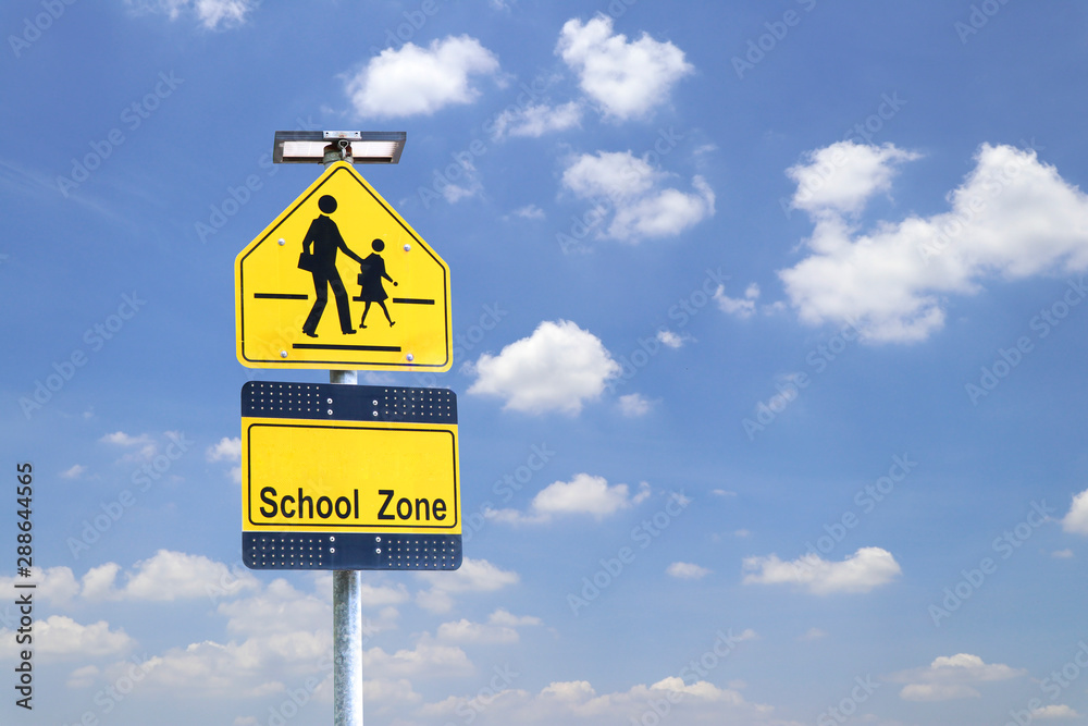 School zone sign with sky background. Sign showing school area. Stock ...