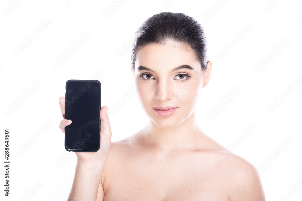 Beauty woman face holding phone isolate in white background. Young ...
