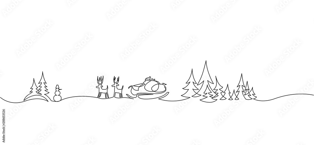 Christmas landscape continuous one line vector drawing. Santa in sleigh ...