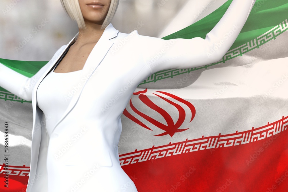 cute business woman holds Iran flag in hands behind her back on the ...