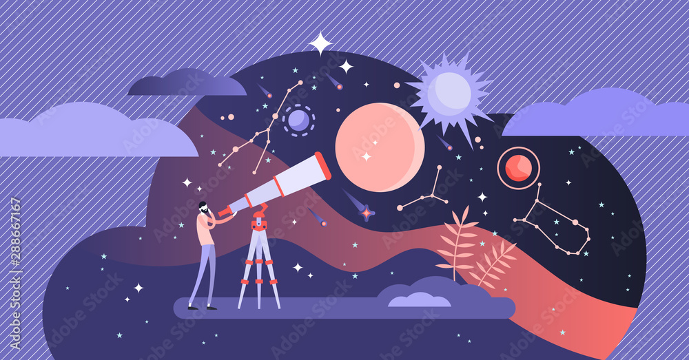 Astronomy vector illustration. Tiny space research study persons ...