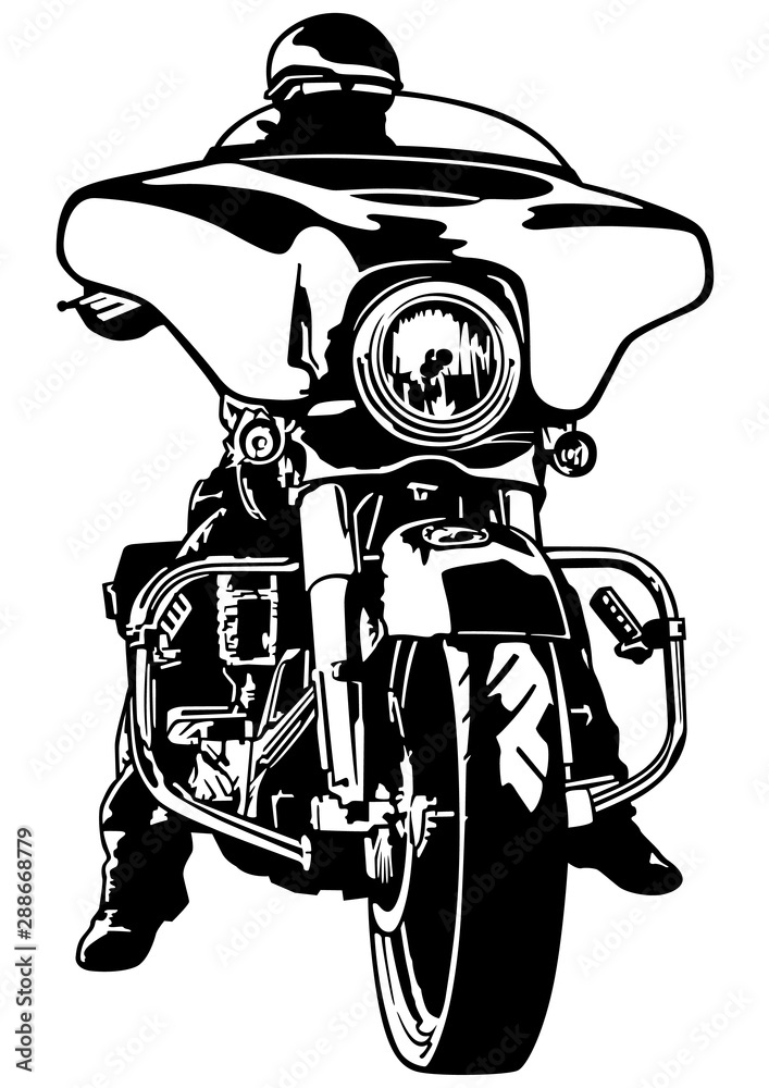 Biker Front View - Black and White Outline Illustration with Rider on ...