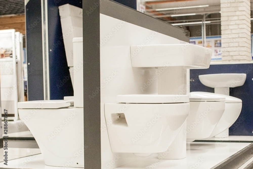 New toilet bowl display in hypermarket of home product and building ...