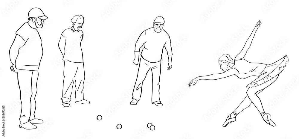 Old men and ballerina play petanque. Fun illustration. Black isolated ...