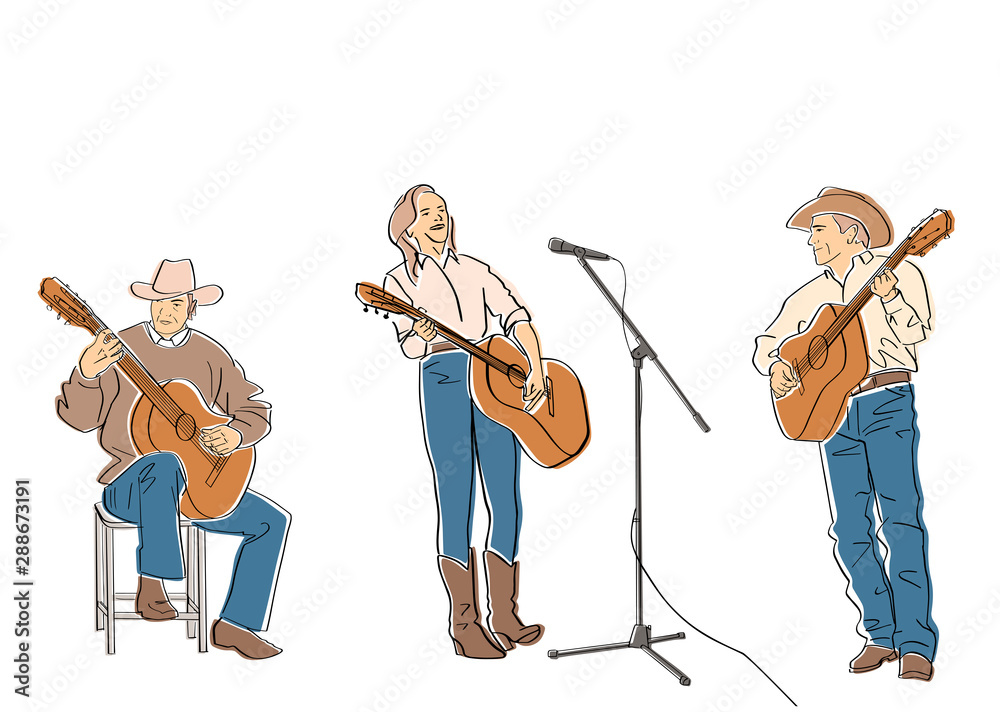 Group of country musicians play guitar. Male and female guitar players ...
