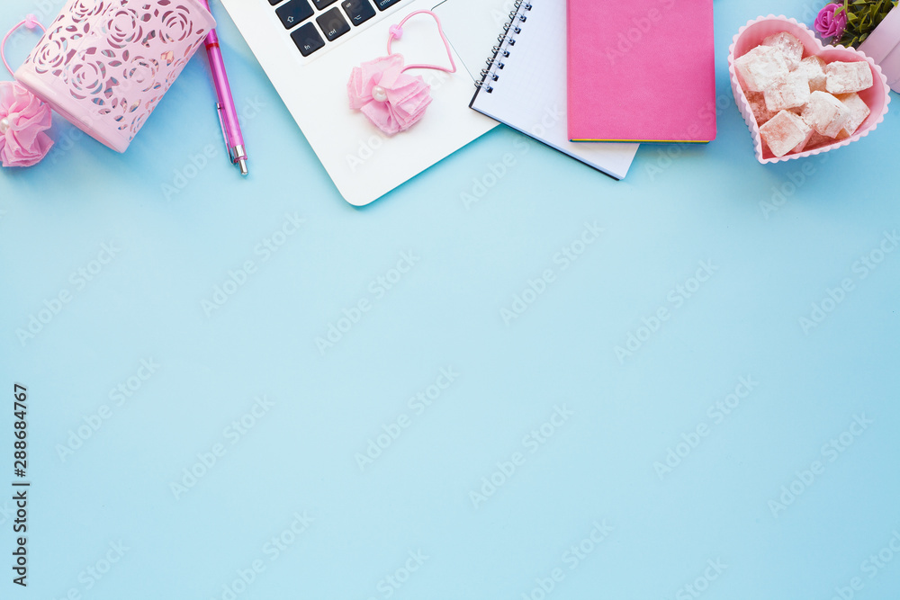 Flat lay girly, pale pink items for planning, notepads, pens, office ...