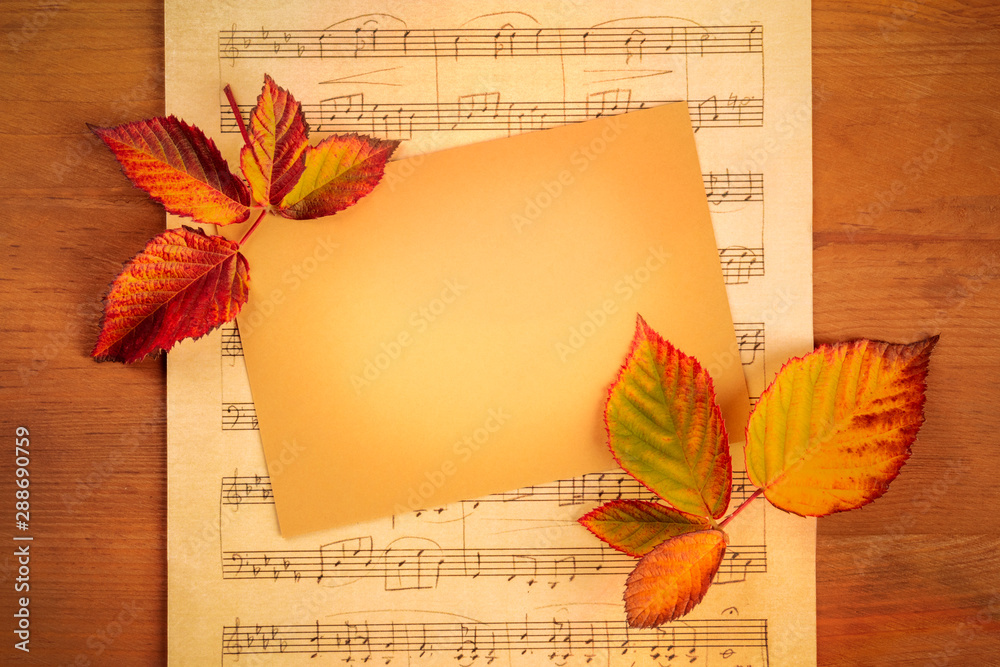 Autumn background with vibrant fall leaves with a card and sheet music ...