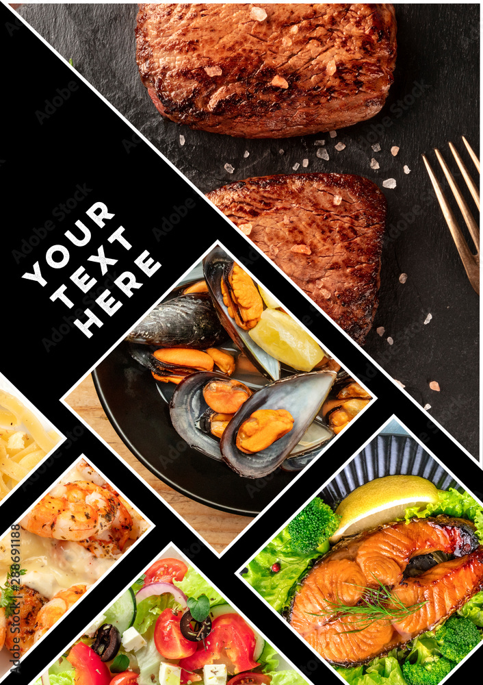 Food Collage. A design template with various tasty dishes with a place ...