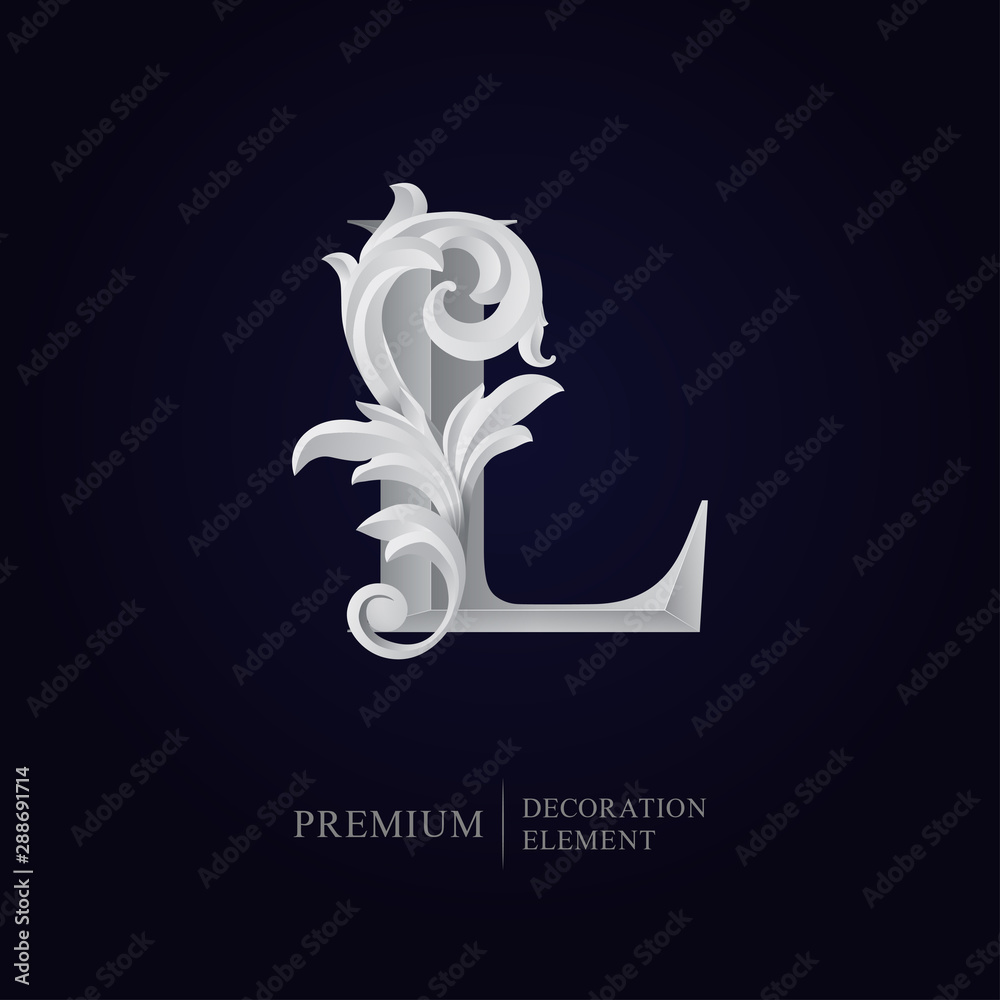 Elegant letter L with floral baroque ornament. Serif capital letter is ...