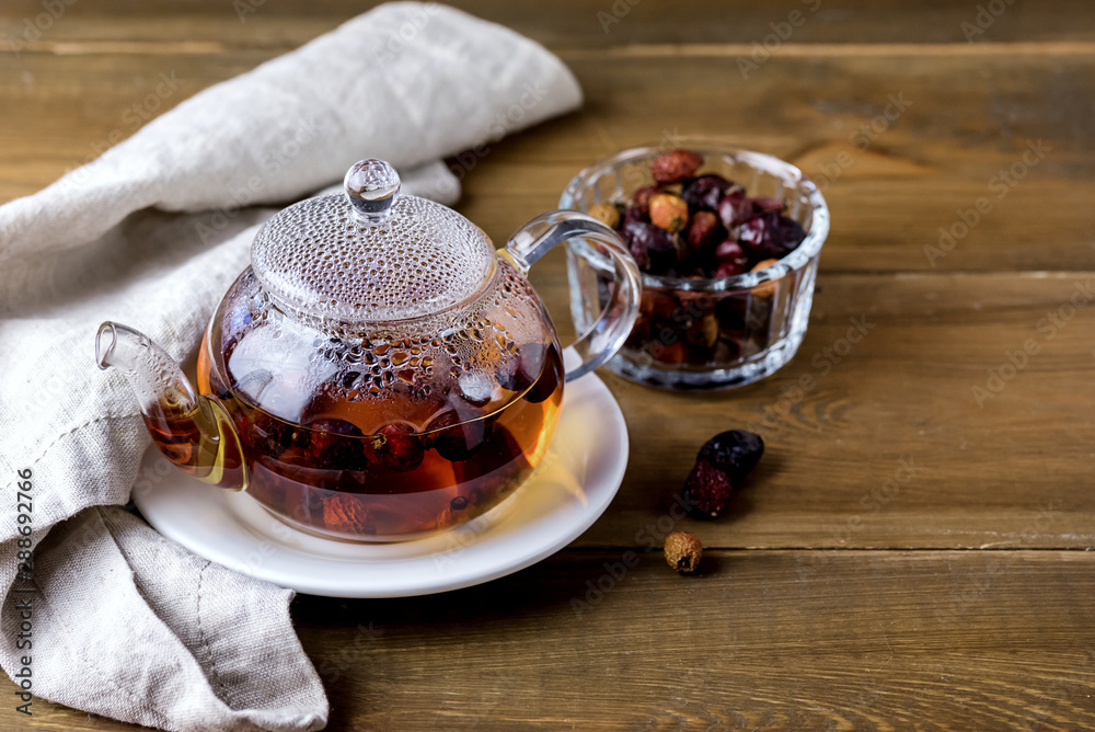 Glass Teapot of Herbal Dog Rose Tea With Dried Rosehips, Types Rosa ...