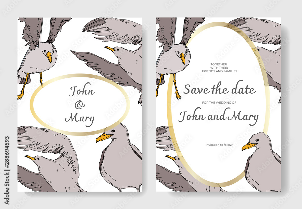 Vector Sky bird seagull in a wildlife. Black and white engraved ink art ...