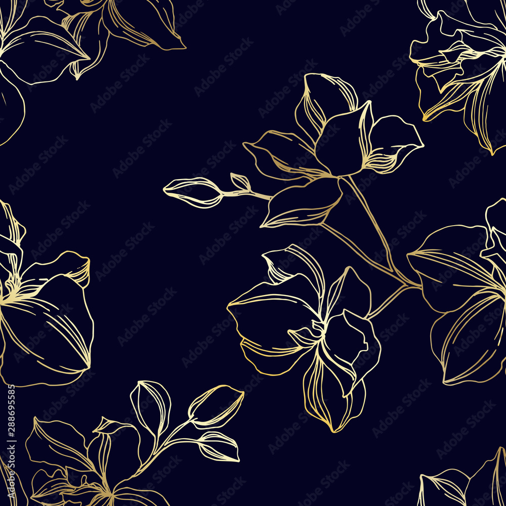 Vector Orchid floral botanical flowers. Black and gold engraved ink art ...
