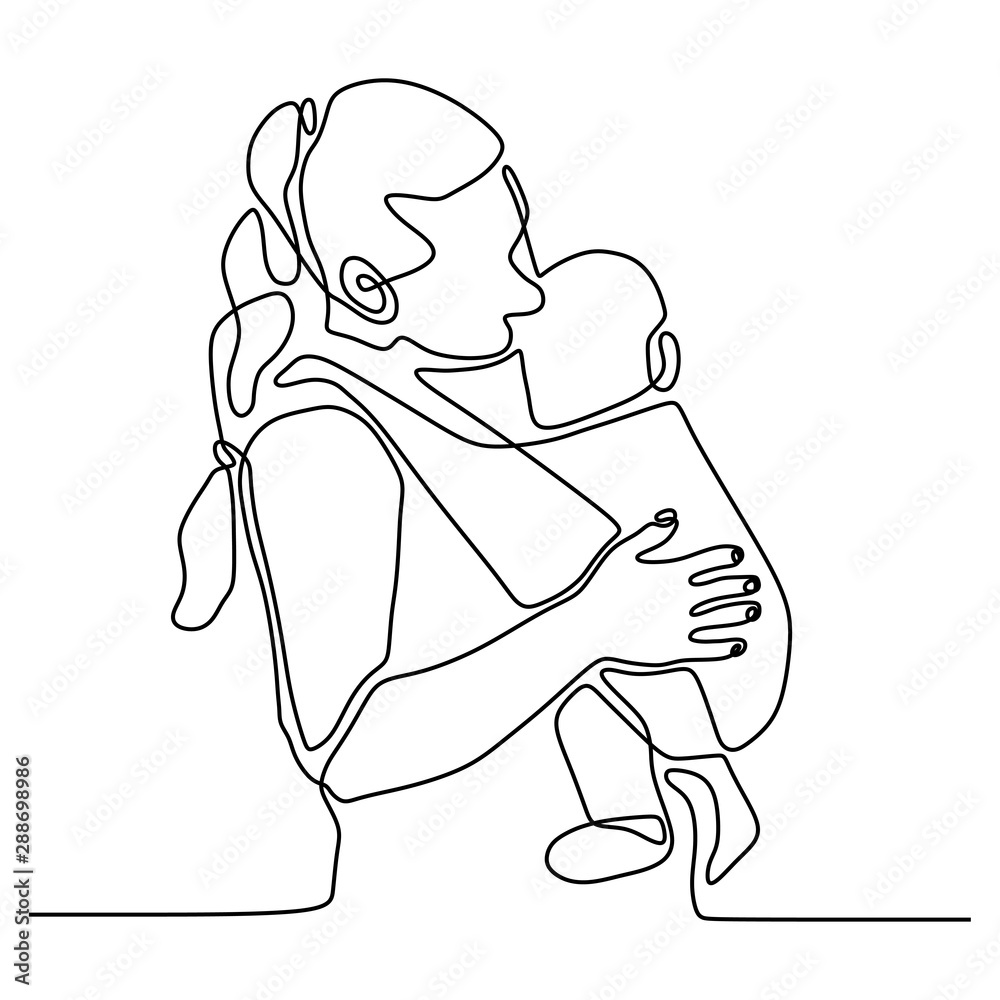 One line drawing of mother and her baby lovely family concept after ...