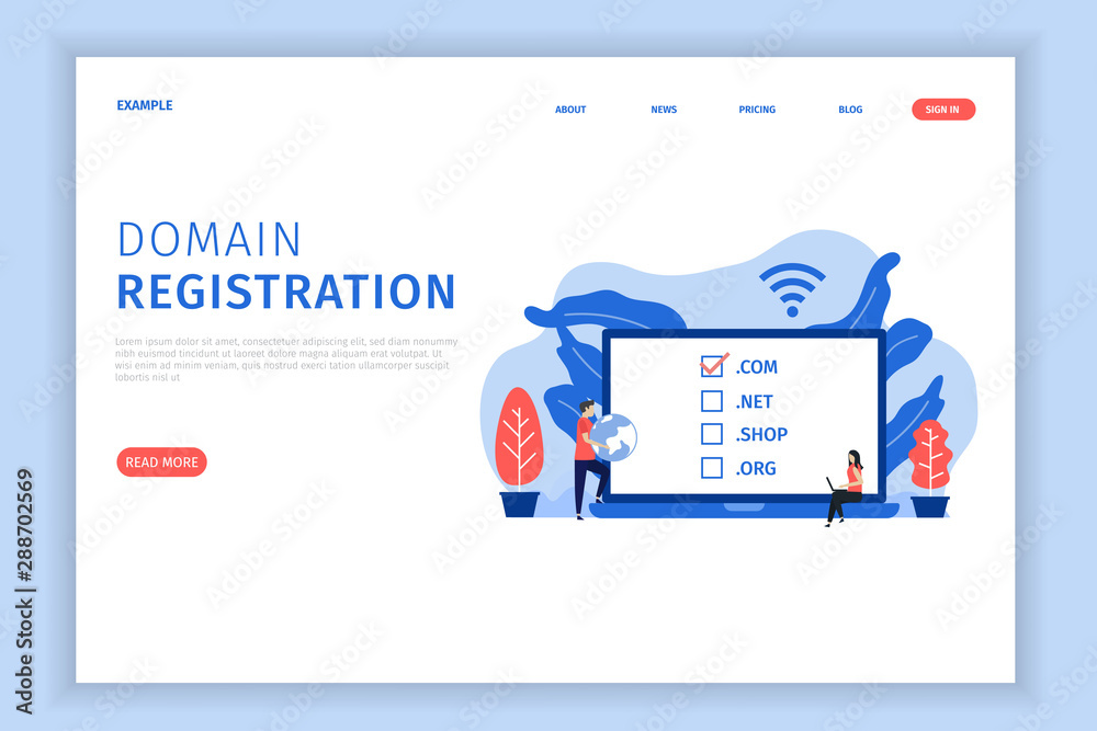 Domain registration illustration concept with character landing page ...