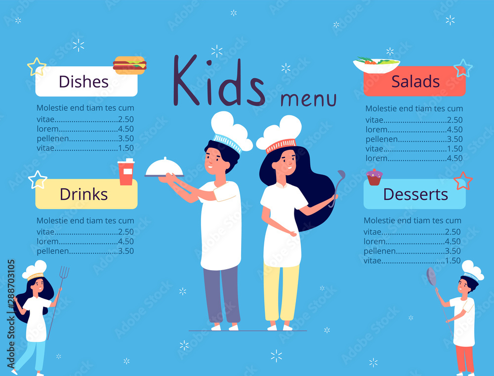 Kids menu. Children in chef hat cooking food in kitchen. Restaurant ...