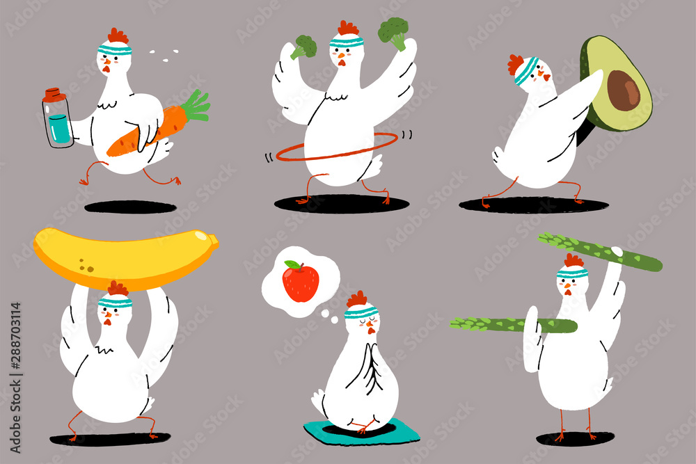 Cute chicken doing exercise. Healthy food and fitness. Funny birds with ...