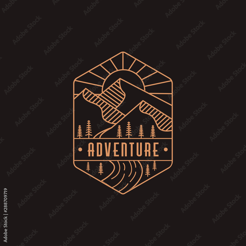 Emblem mountain and river landscape adventure logo icon with line art ...
