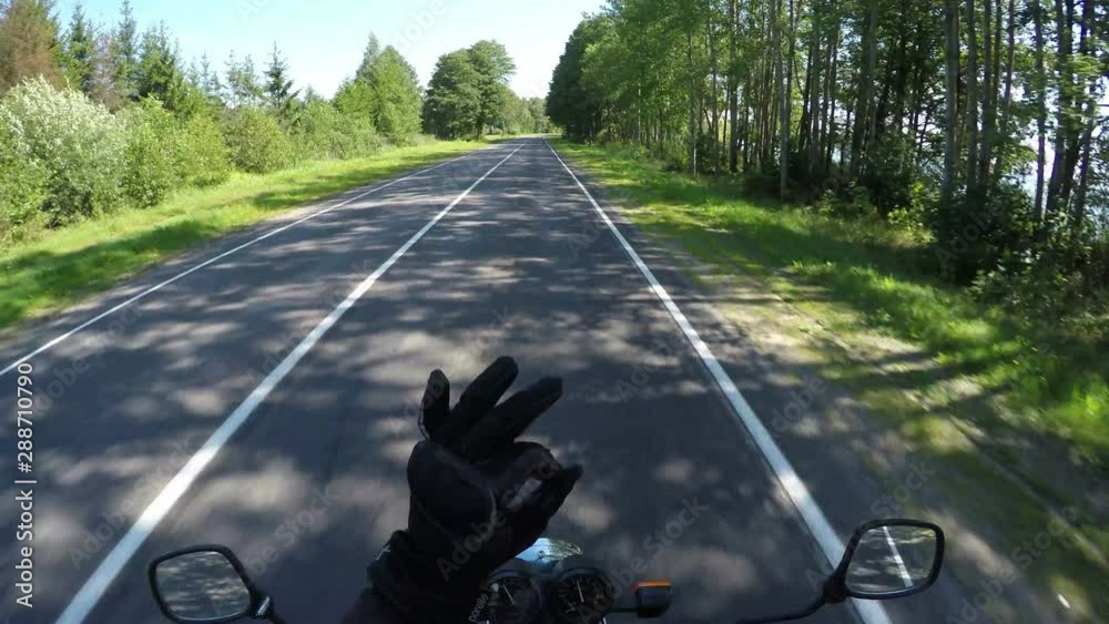 Motorcyclist Rides on a Beautiful Landscape scenic and empty forest ...