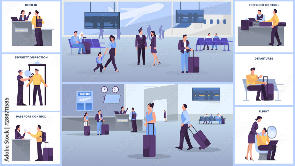 Airport with passenger set. Checkin and security Stock Vector | Adobe Stock