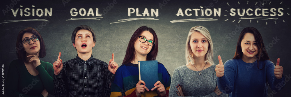 Vision, goal, plan, action and success stages of work as five women ...