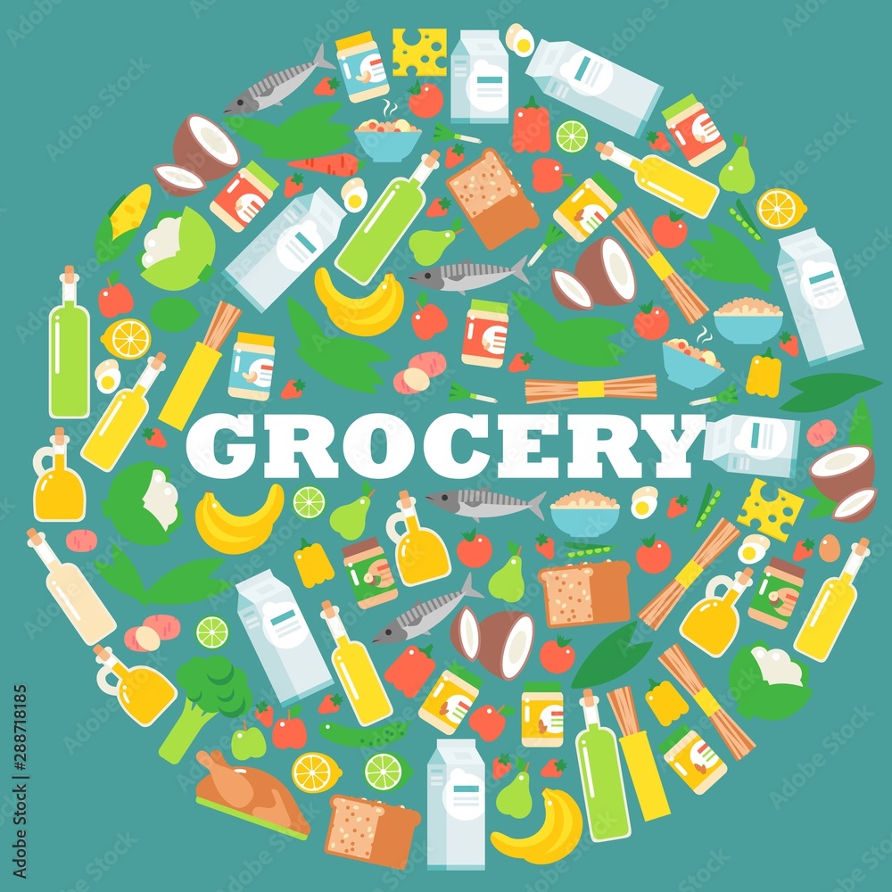 Grocery food store items in round frame composition, vector ...