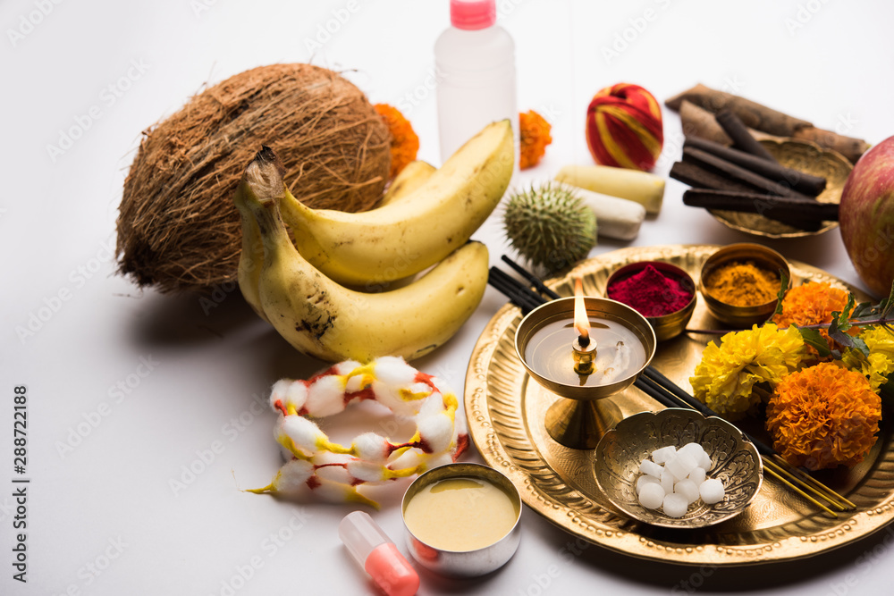 Pooja Material / Puja Sahitya in Hindu Religion from India, arranged in ...