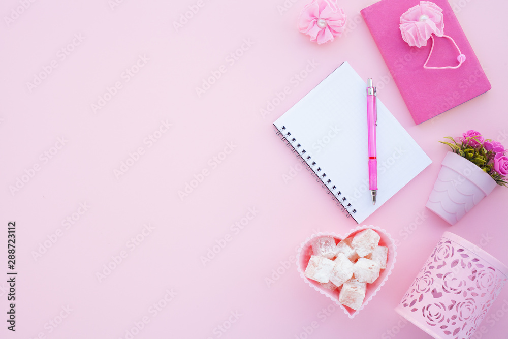 Flat lay girly, pale pink items for planning, notepads, pens, office ...