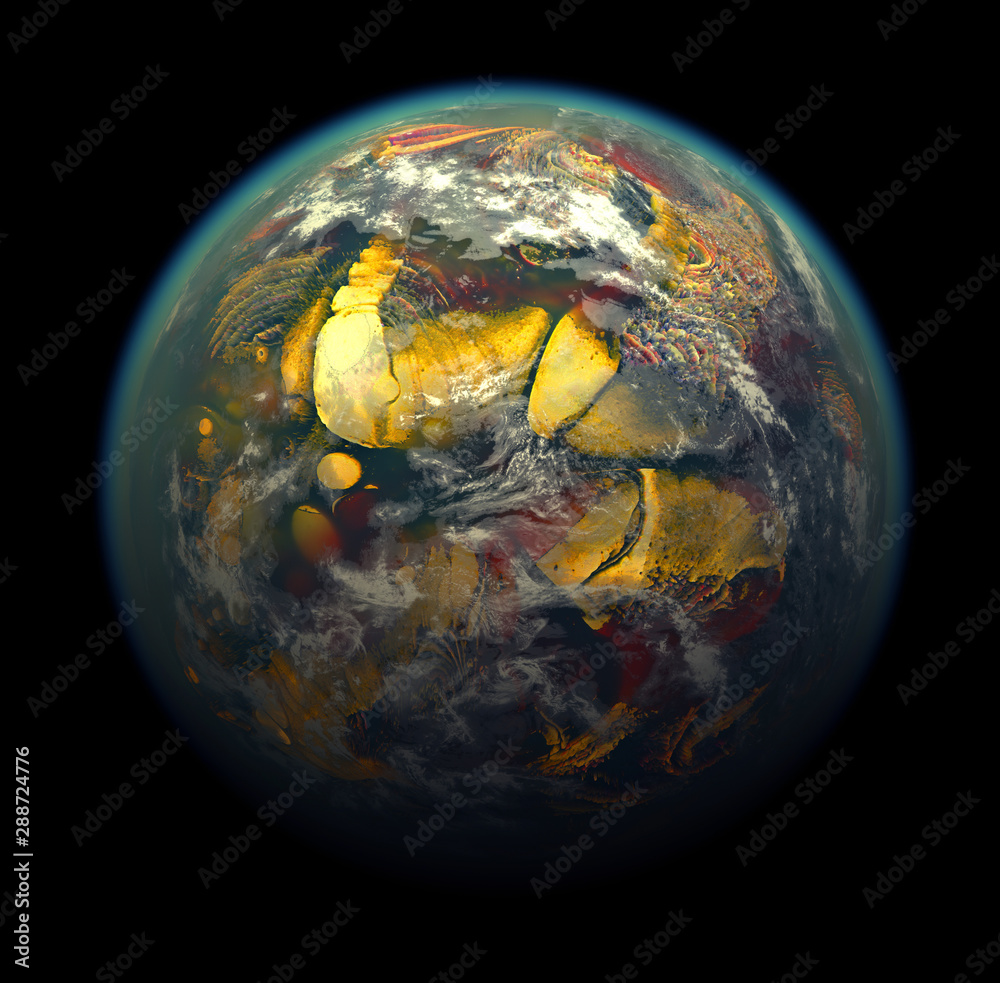 A 3d render of a golden earth enclosed in a shell in space outlined by ...